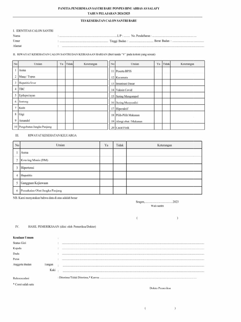 Form Tes Kesehatan 2024 | PDF