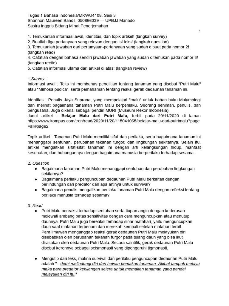 Tugas 1 Bahasa Indonesia - Shannon Maureen Sandil | PDF Tugas 1 Bahasa Indonesia - Shannon Maureen Sandil | PDF
