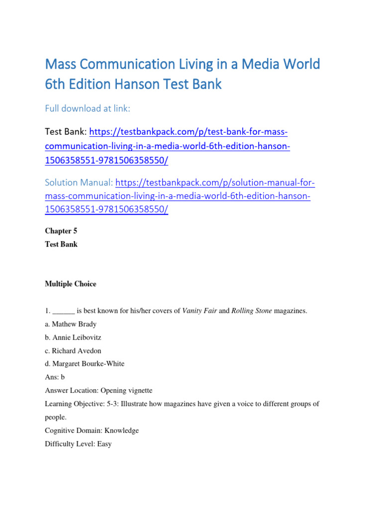 Mass Communication Living in A Media World 6th Edition Hanson Test Bank ...