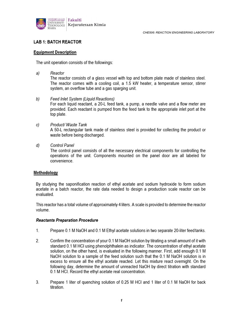 LAB1 Batch Reactor - Procedure | PDF | Chemical Reactor | Sodium Hydroxide