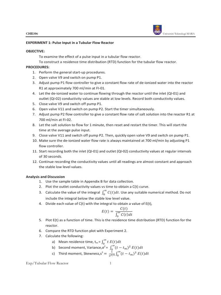 LAB 4 Tubular Flow Reactor - Procedure | PDF