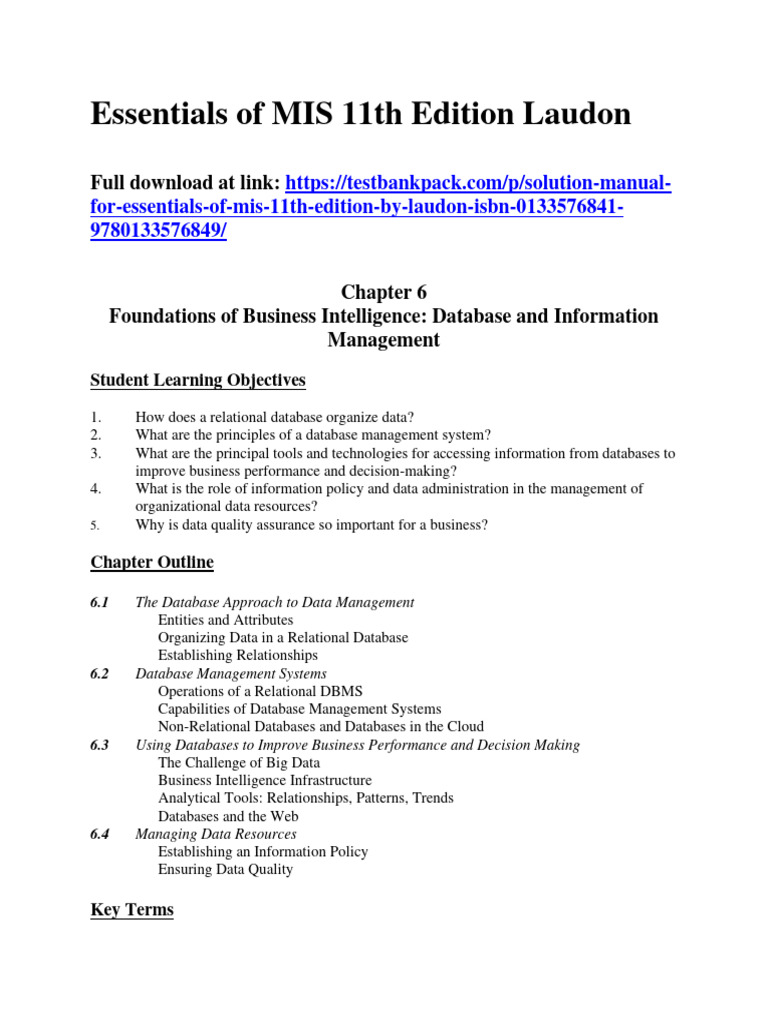 Essentials of MIS 11th Edition Laudon Solutions Manual 1 | PDF | Databases | Relational Database
