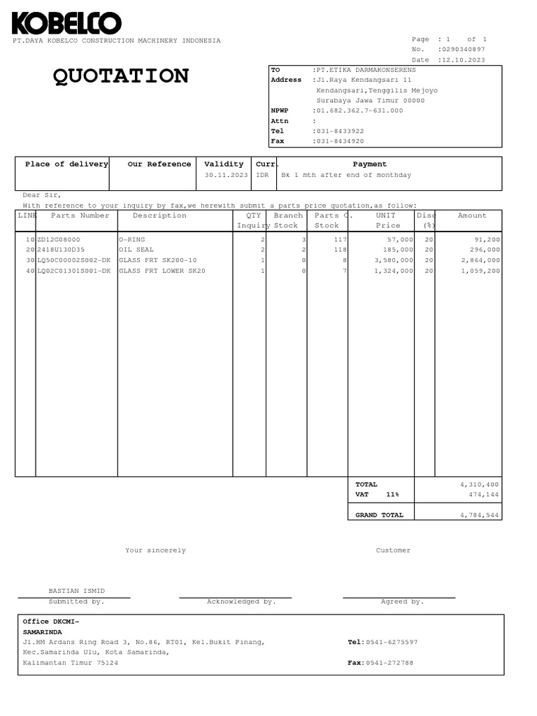 Quotation: Place of Delivery Our Reference Validity Curr. Payment | PDF