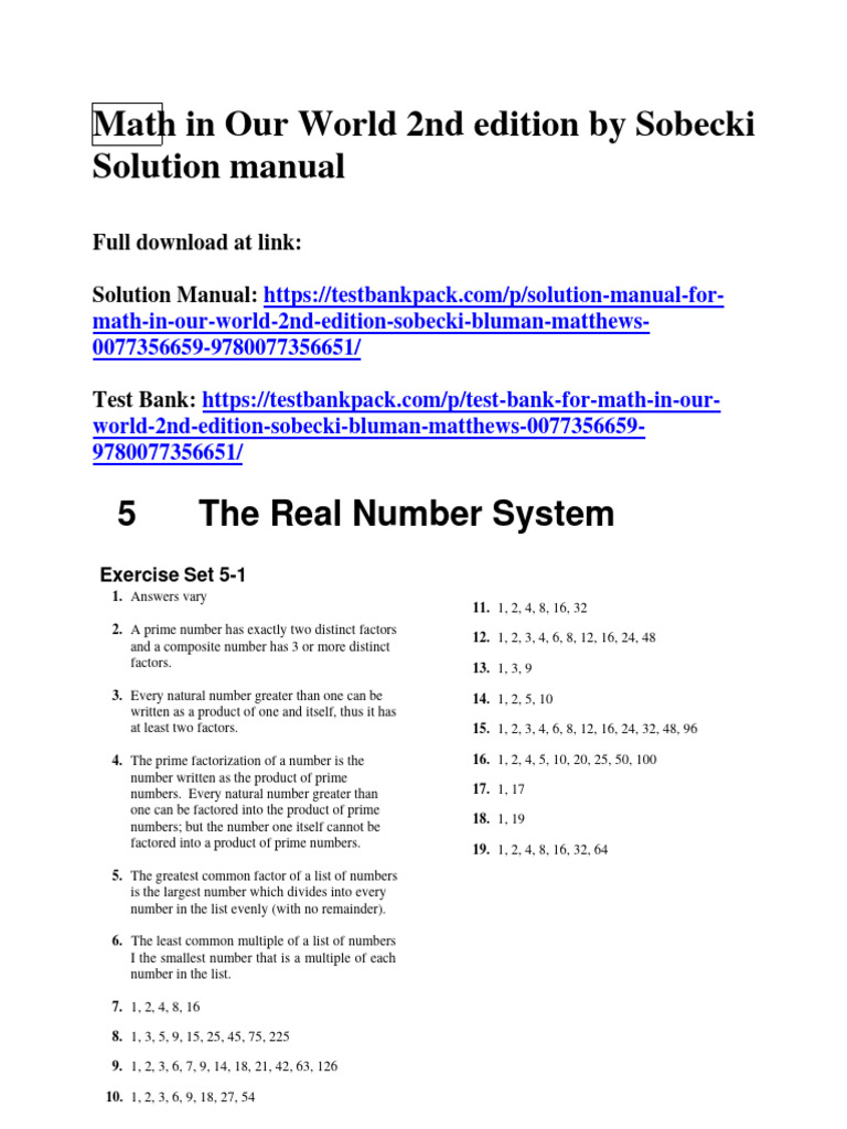 Math in Our World 2nd Edition by Sobecki Solution Manual 1 | PDF
