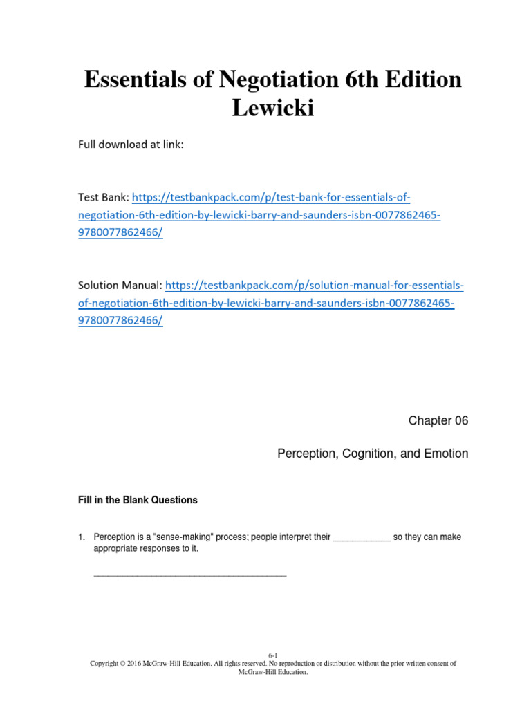 Essentials of Negotiation 6th Edition Lewicki Test Bank 1 | PDF ...