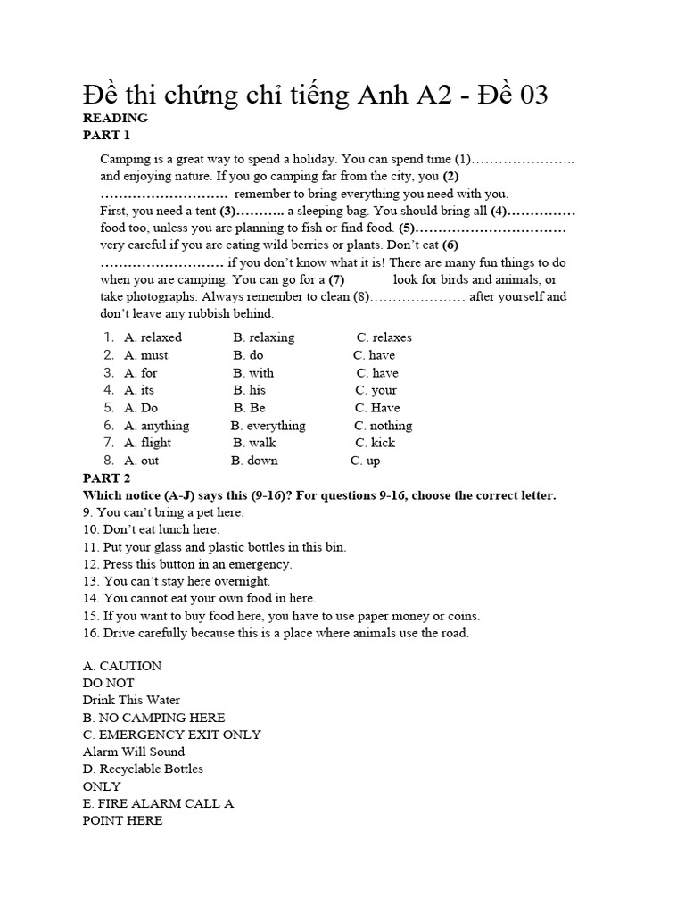 Đề Thi Chứng Chỉ Tiếng Anh A2 (Đề 3) | PDF