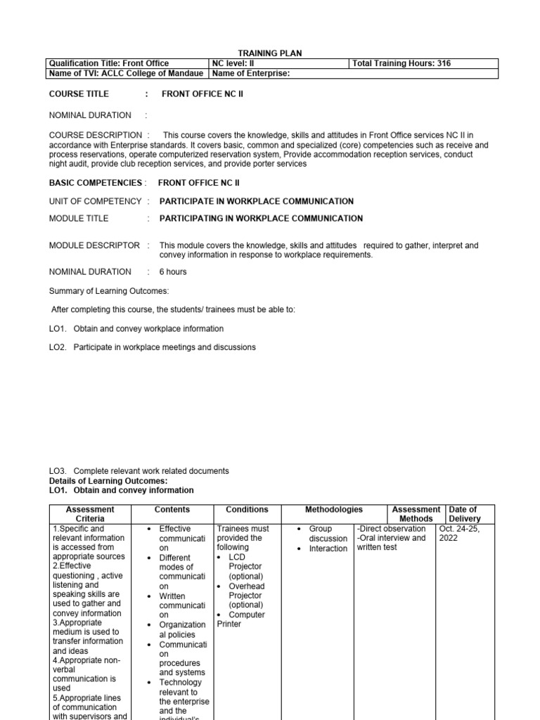 TRAINING PLAN Front Office NC 2 Revision | PDF