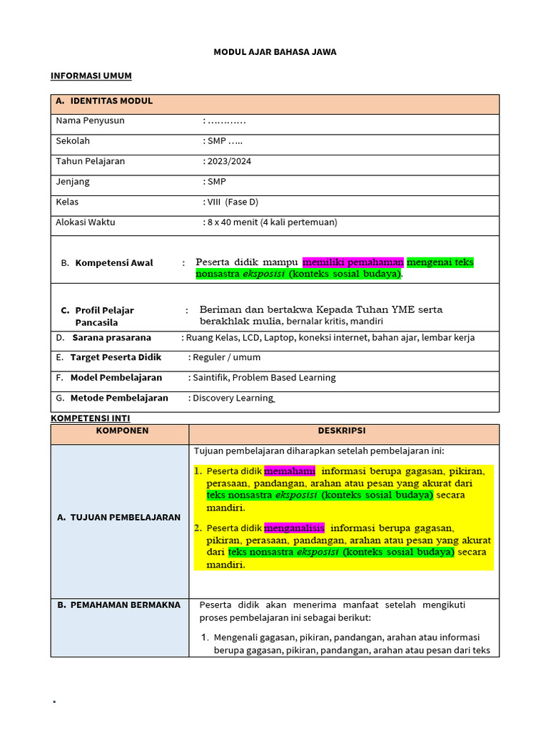 Modul Ajar-BAHASA JAWA Teks Eksposisi | PDF