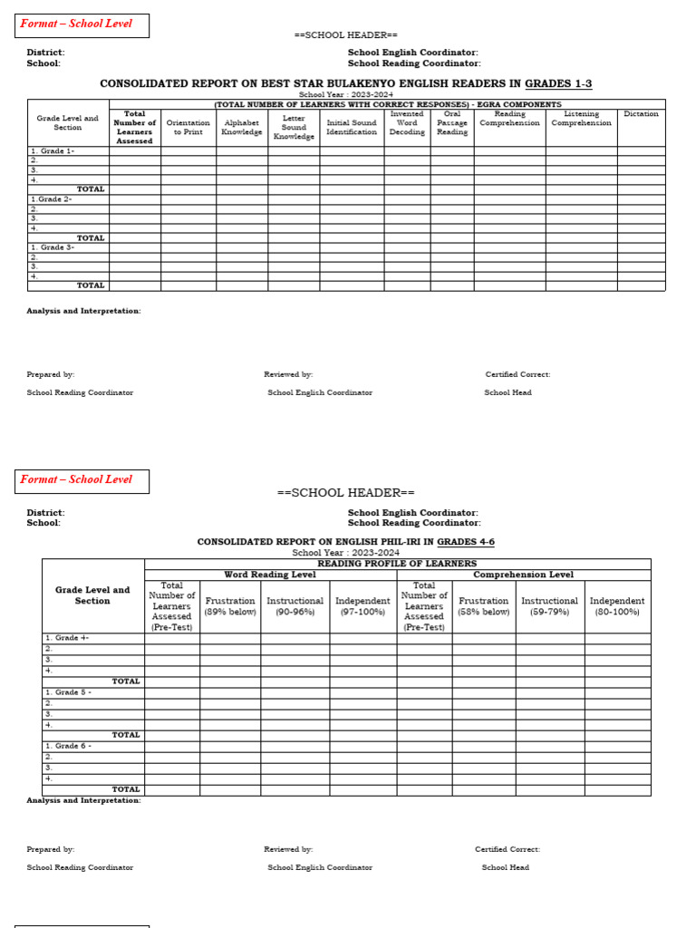 Consolidated English Reading Reports 2023-2024 | PDF