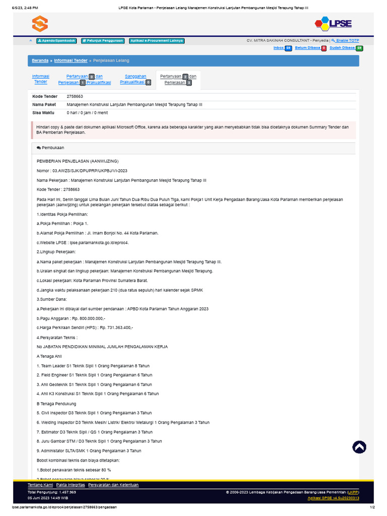 LPSE Kota Pariaman - Penjelasan Lelang Manajemen Konstruksi Lanjutan Pembangunan Mesjid Terapung ...