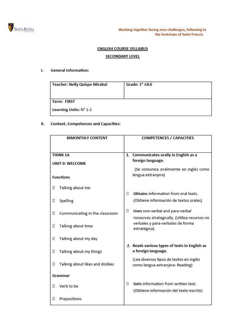 Silabo Bimestre I | PDF | English Language | Cognitive Science
