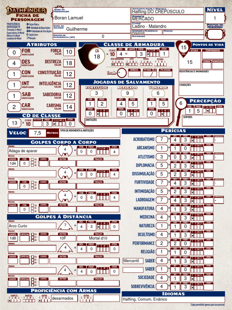 Ficha Ladino Pronta Pf2e | PDF