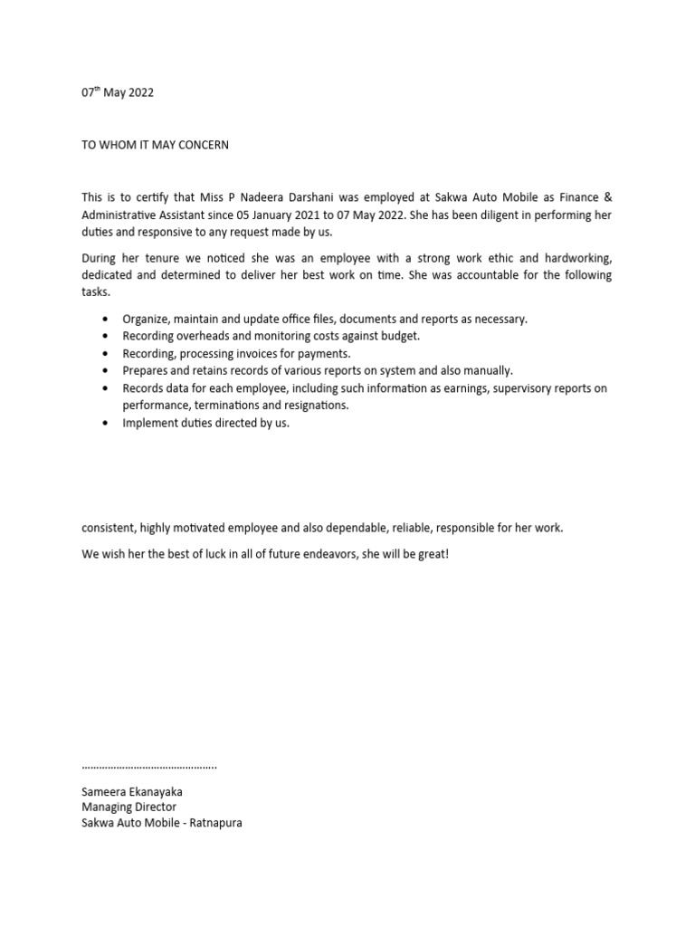 Employment Certificate for P Nadeera Darshani | PDF | Business