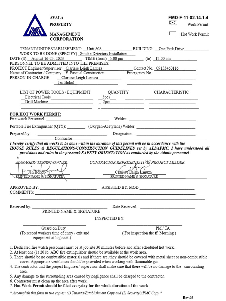 Opd Unit 808 - Work Permit | PDF