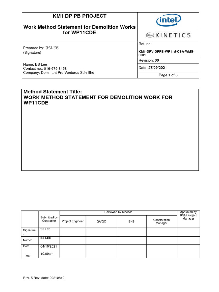Work Method Statement Demolition Work | PDF