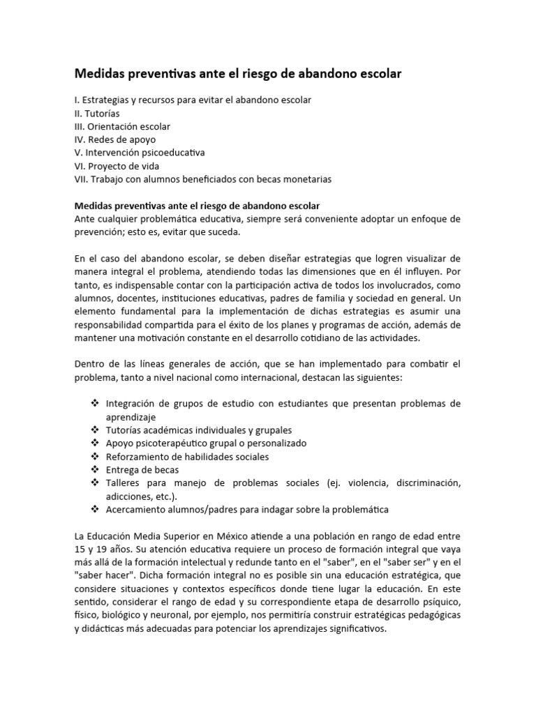 Medidas Preventivas Ante El Riesgo de Abandono Escolar | PDF Medidas Preventivas Ante El Riesgo de Abandono Escolar | PDF