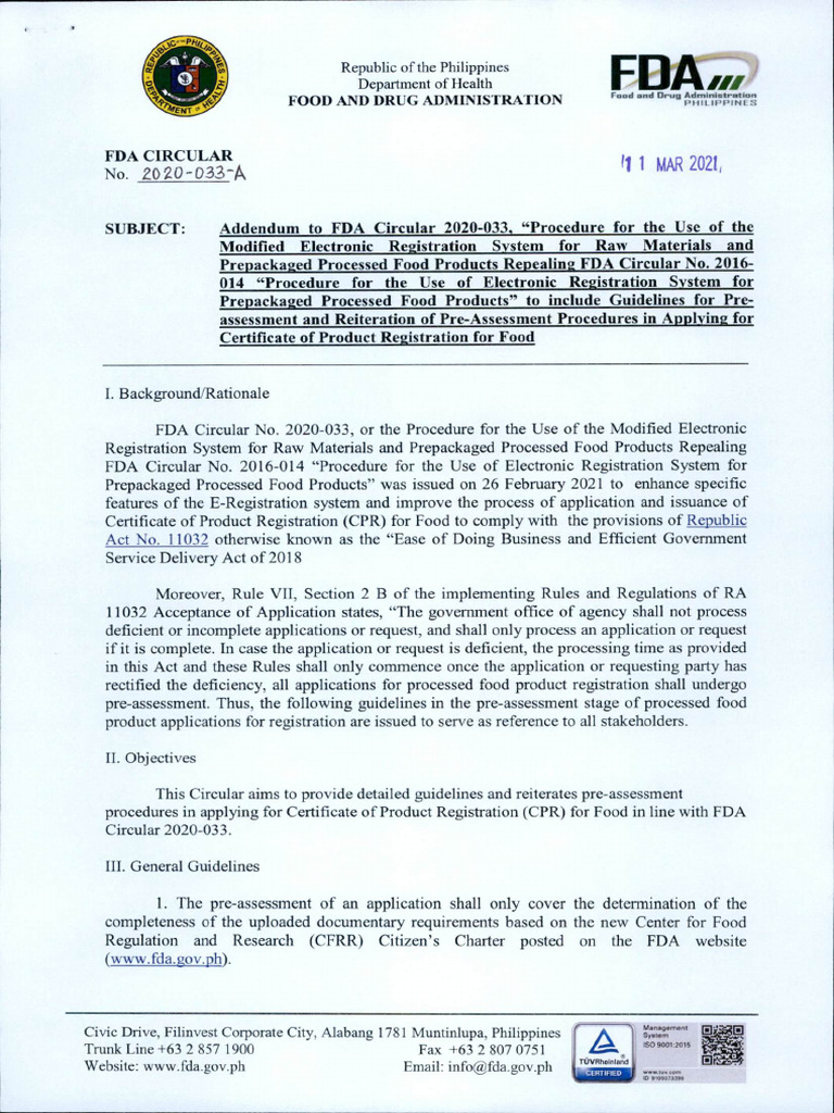 FDA Circular No.2020 033 A | PDF