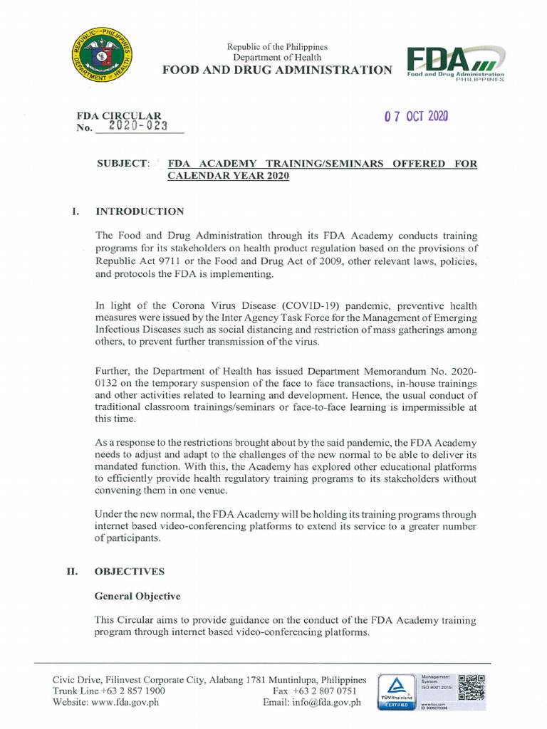 FDA Circular 2020 023 | PDF