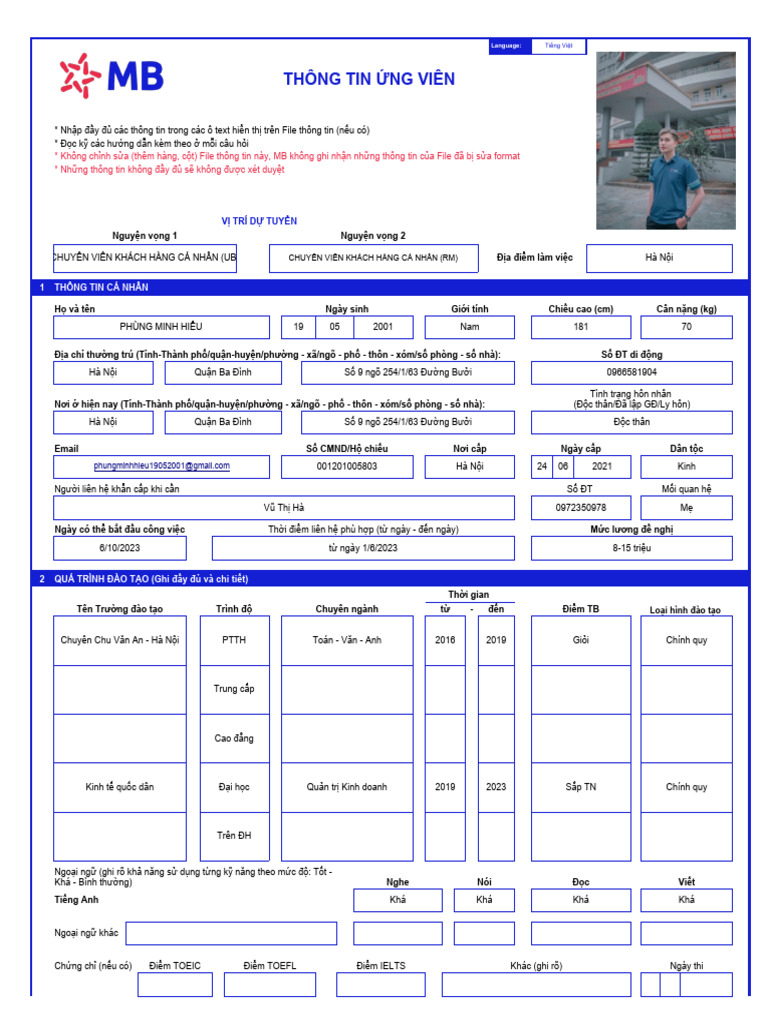 CV Chuyên Viên QHKH - MBBank | PDF