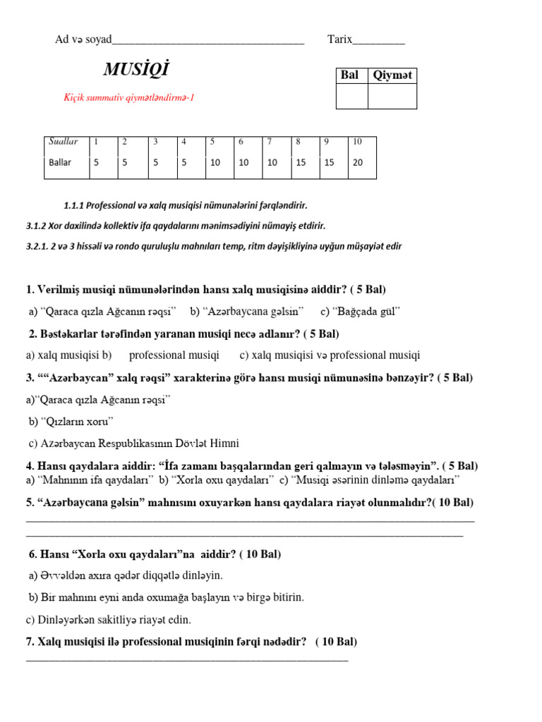 4-Cü Sinif Musiqi KSQ 1 | PDF