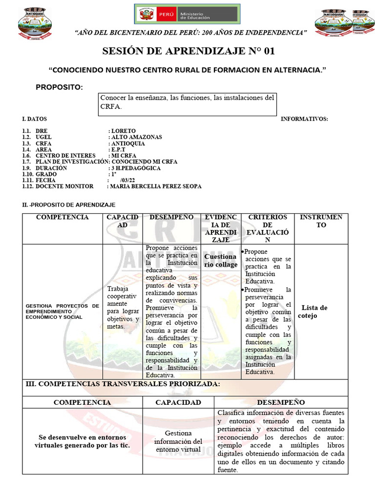 Sesión de Aprendizaje de Ept Mes de Marzo | PDF