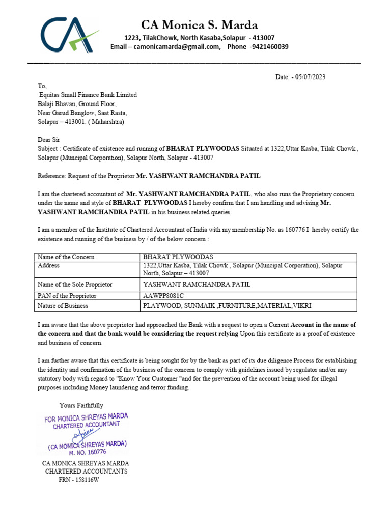 CA Letter For Current Ac Opening | PDF | Career & Growth | Business