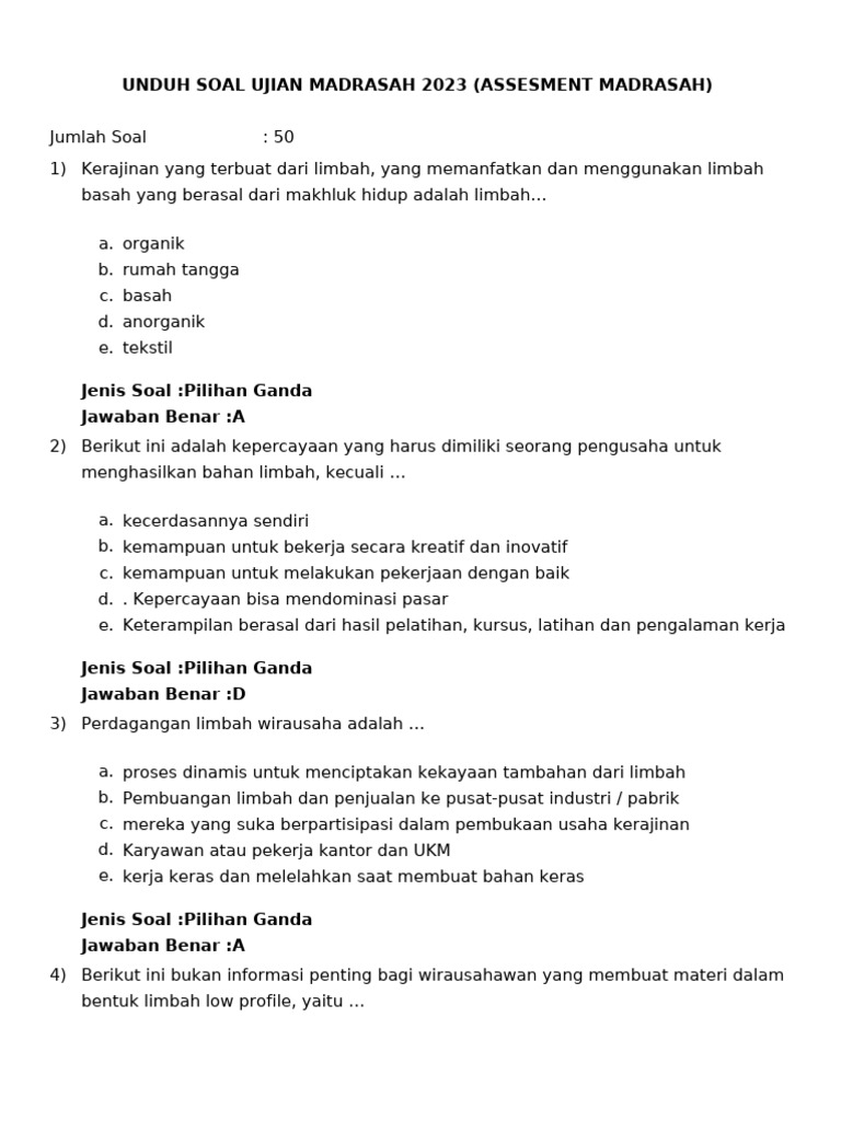 Lembar Soal Ujian Madrasah 2023 (Assesment Madrasah) | PDF