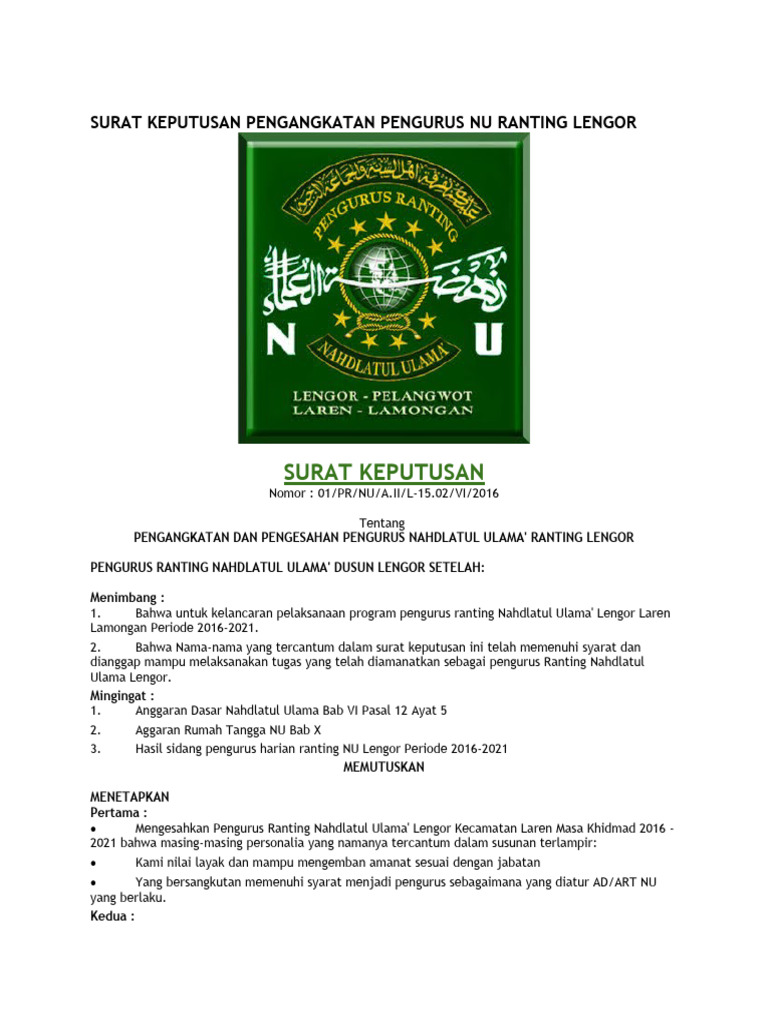 Contoh Surat Keputusan Pengangkatan Pengurus Nu | PDF