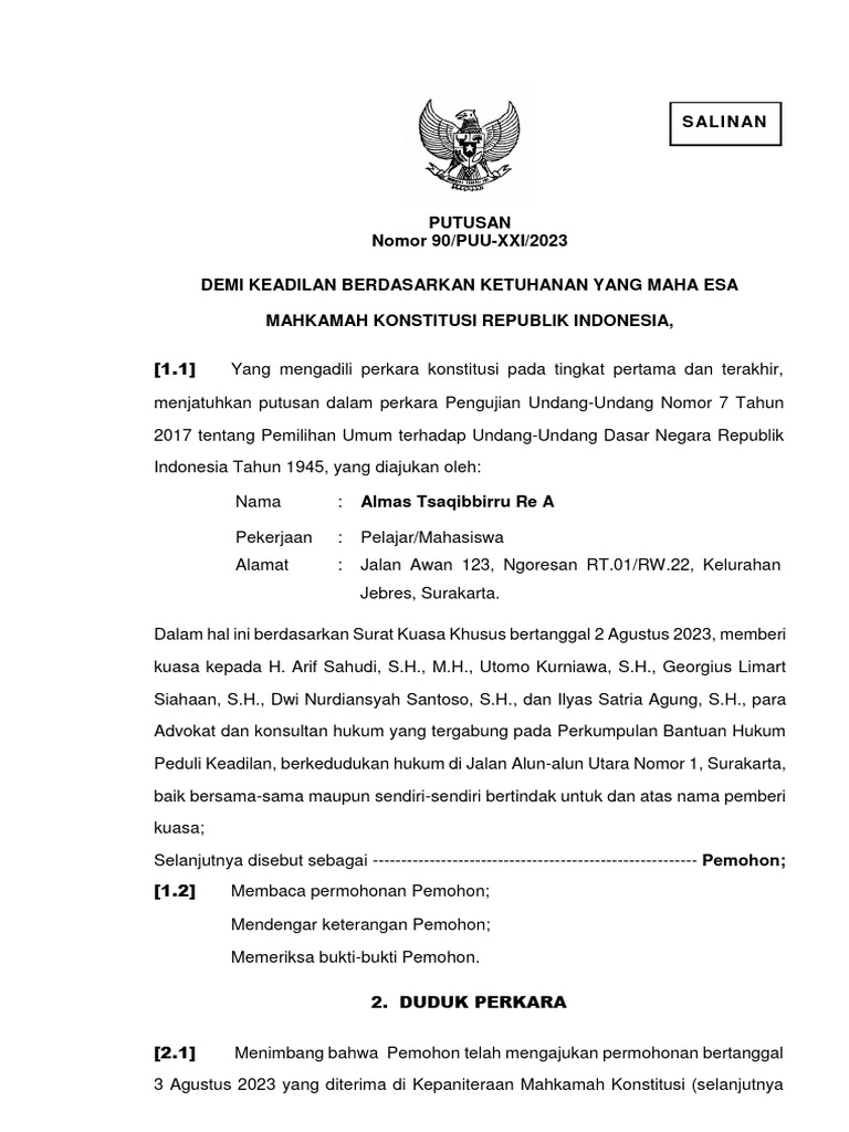 Putusan MK Nomor 90/PUU-XXI/2023 Tentang Ketentuan Tambahan Pengalaman Menjabat Dari ...