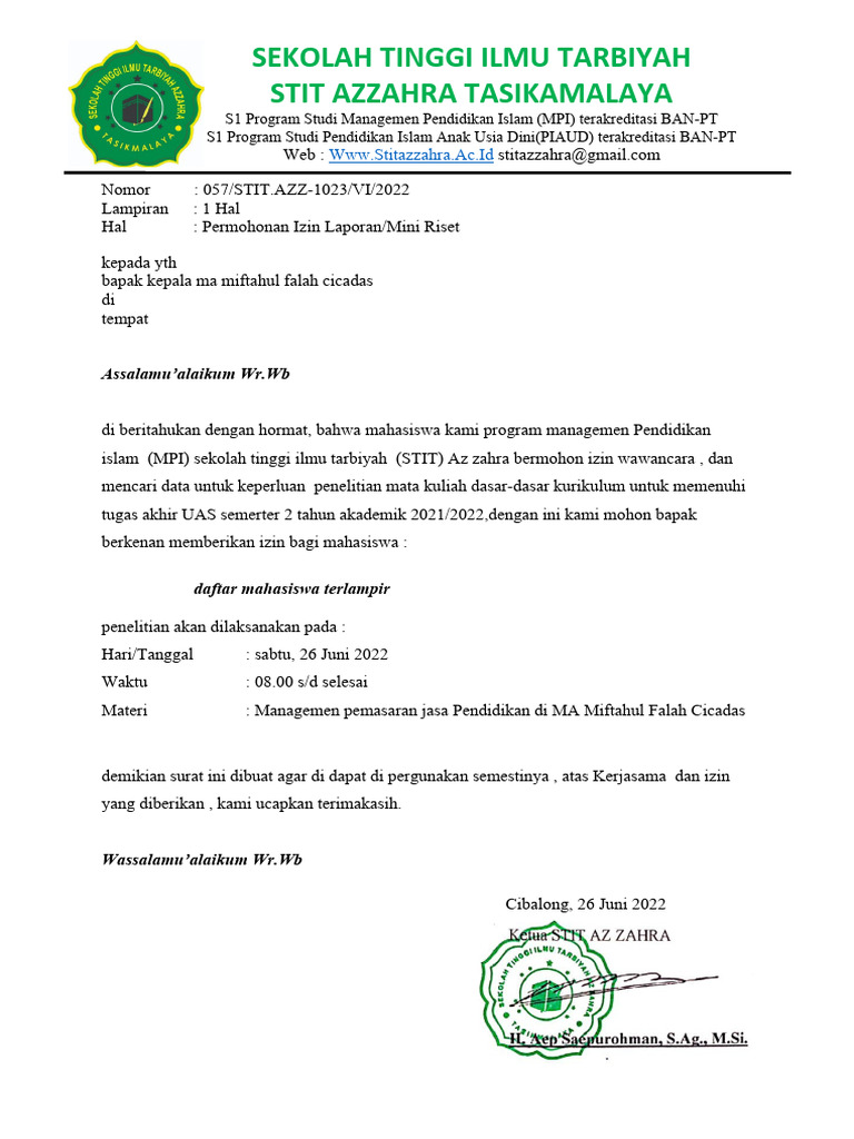 Permohonan Izin Mini Riset MPI | PDF | Bisnis