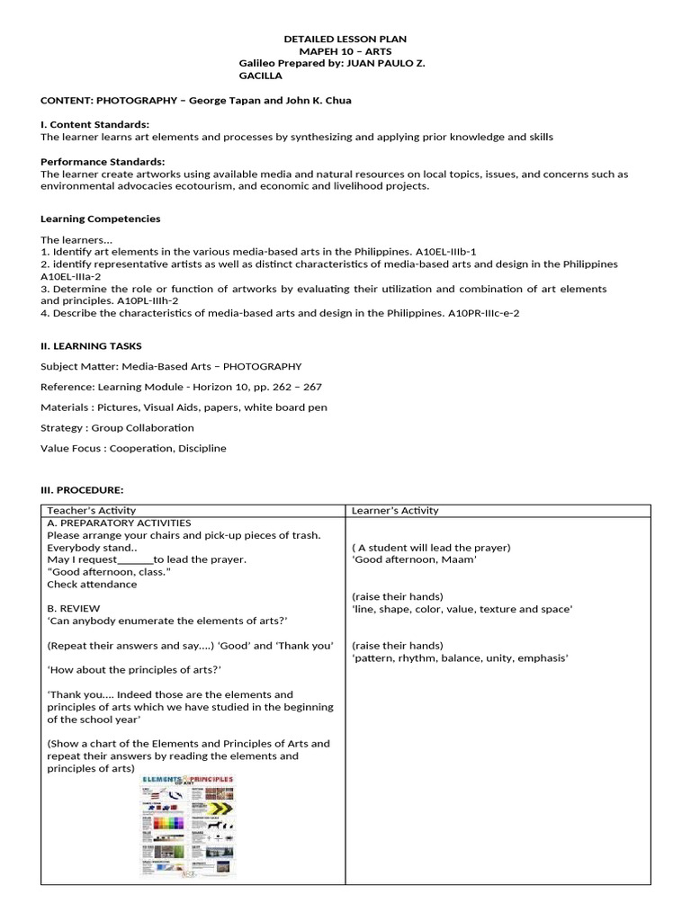 Detailed Lesson Plan Grade 10 Arts Photography PDF Free | PDF
