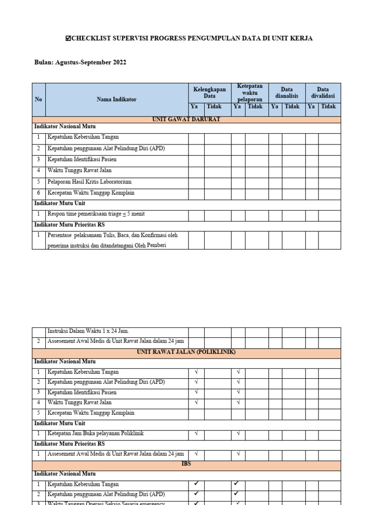 Checklist Supervisi Progress Pengumpulan Data Unit Kerja Bulan Agustus-September | PDF