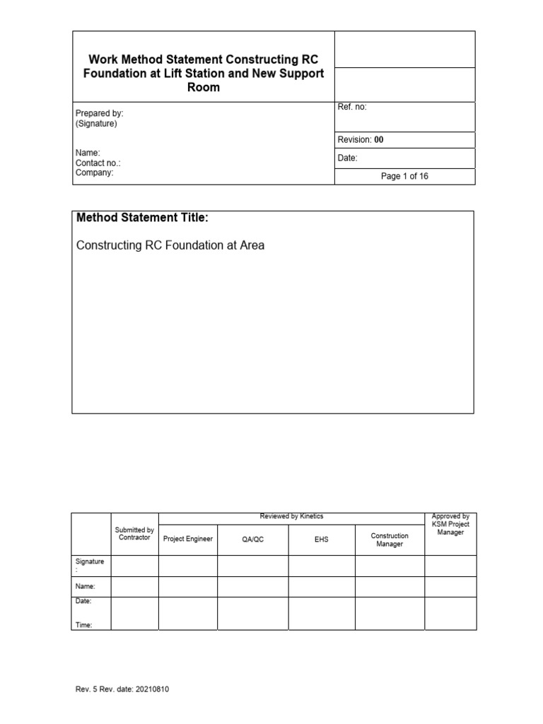 Work Method Statement For Constructing RC Foundation | PDF