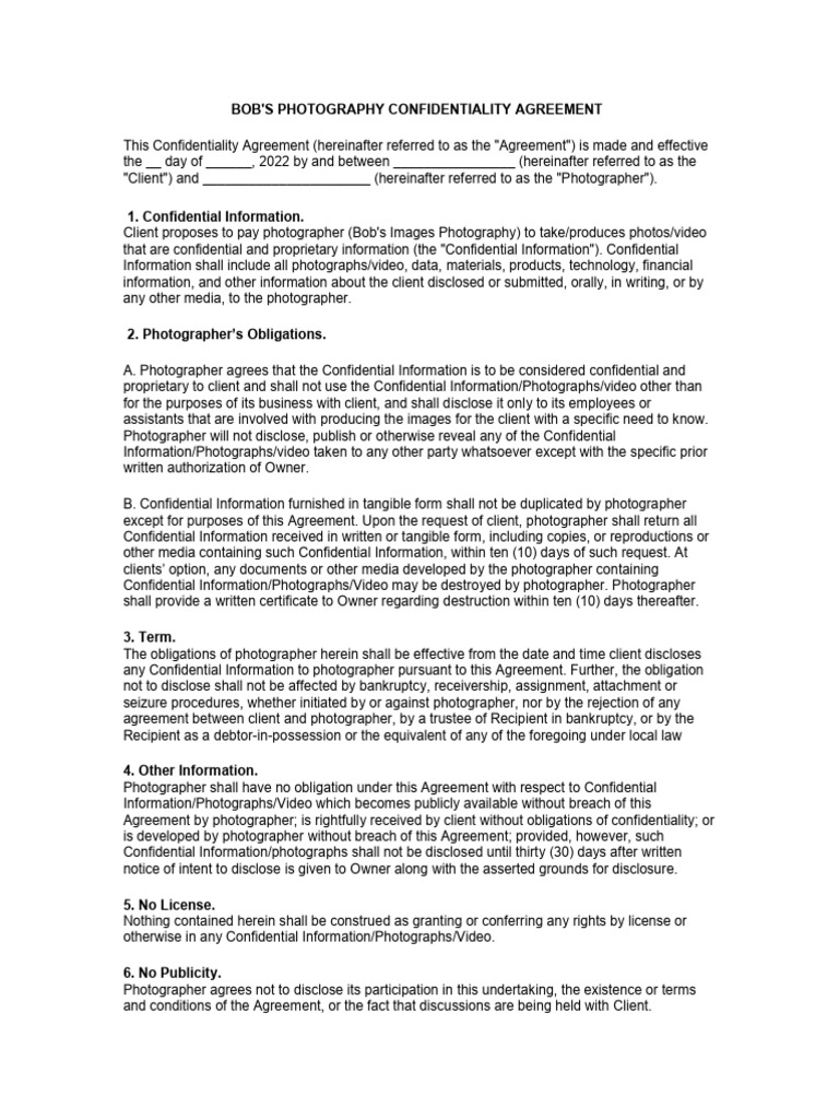 Confidentiality Agreement Photography Model | PDF | Confidentiality ...