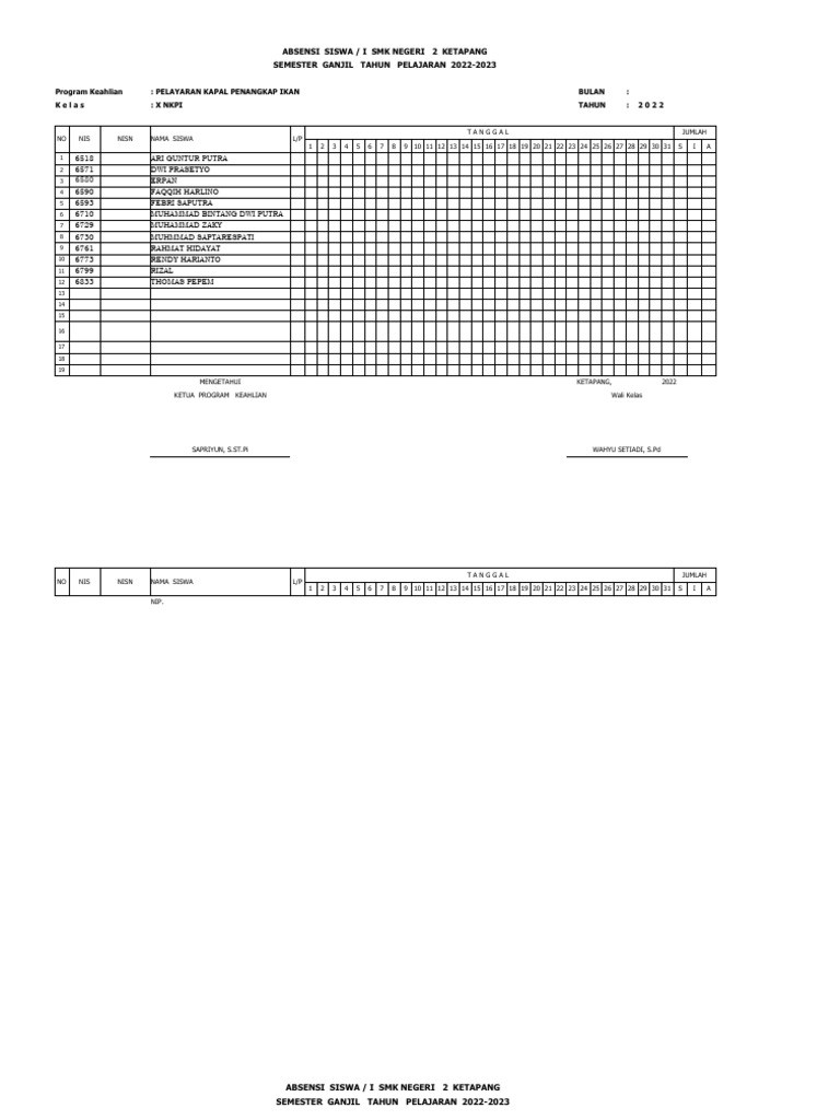 FORM Absensi Siswa Kelas X 2022 2023 | PDF