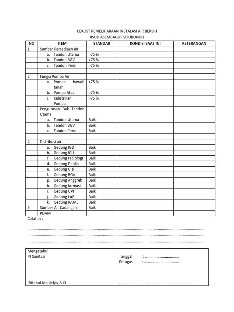 MFK 8 Ep.1 Revisi Ceklist Pemeliharaan Instalasi Air Bersih | PDF | Griya & Taman | Teknologi ...