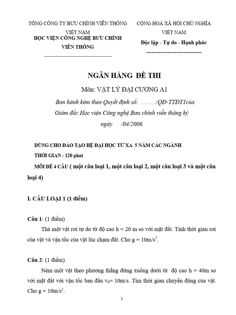 (123doc) - Ngan-Hang-De-Thi-Vat-Ly-Dai-Cuong-A1-Co-Dap-An | PDF