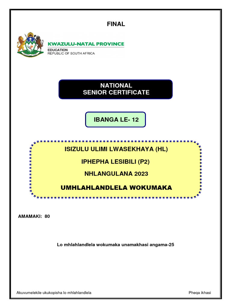 Isizulu HL p2 Memo Nhlangualana 2023 | PDF