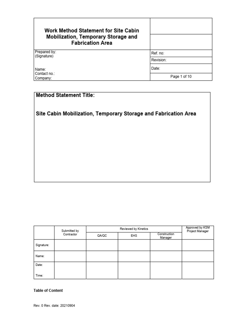 Work Method Statement For Site Cabin Mobilization, Temporary Storage & Fabrication Area | PDF ...