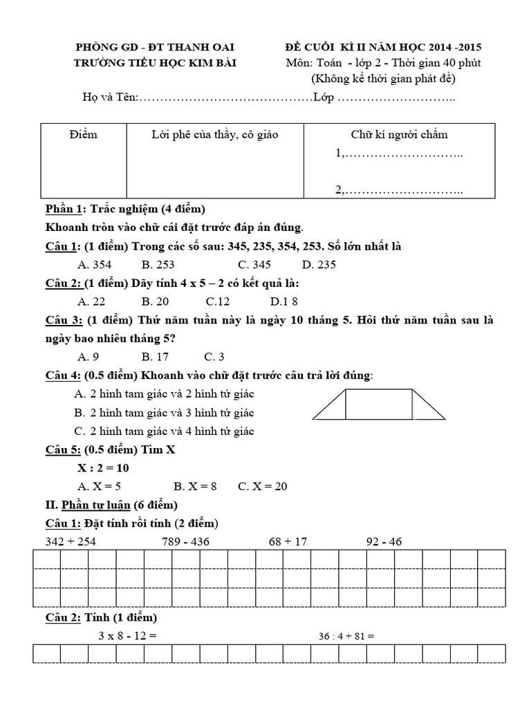 De Kiem Tra Cuoi Hoc Ki 2 Mon Toan Lop 2 Nam Hoc 2014 2015 Truong Tieu Hoc Kim Bai | PDF