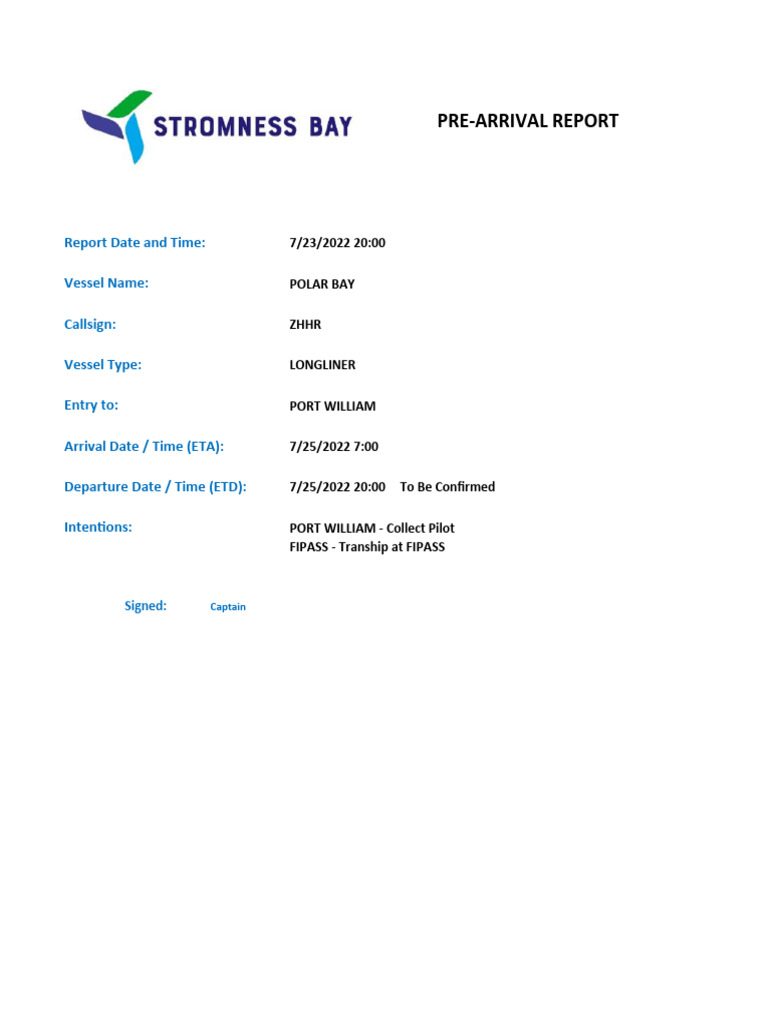 Pre Arrival Report | PDF