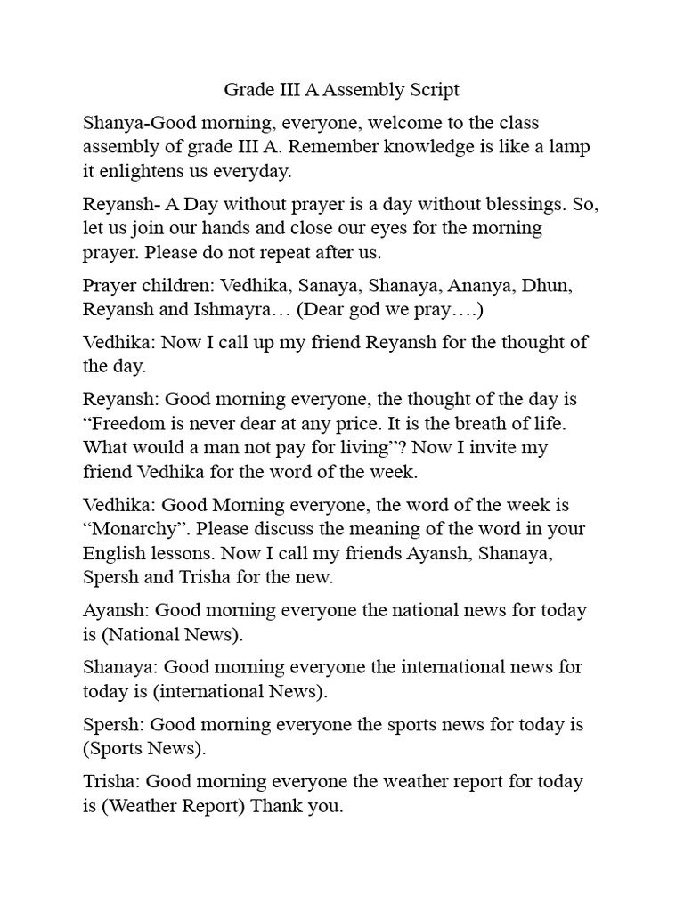 Grade III A Class Assembly | PDF