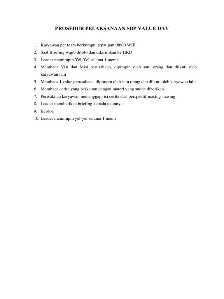 Prosedur Pelaksanaan SBP Value Day | PDF