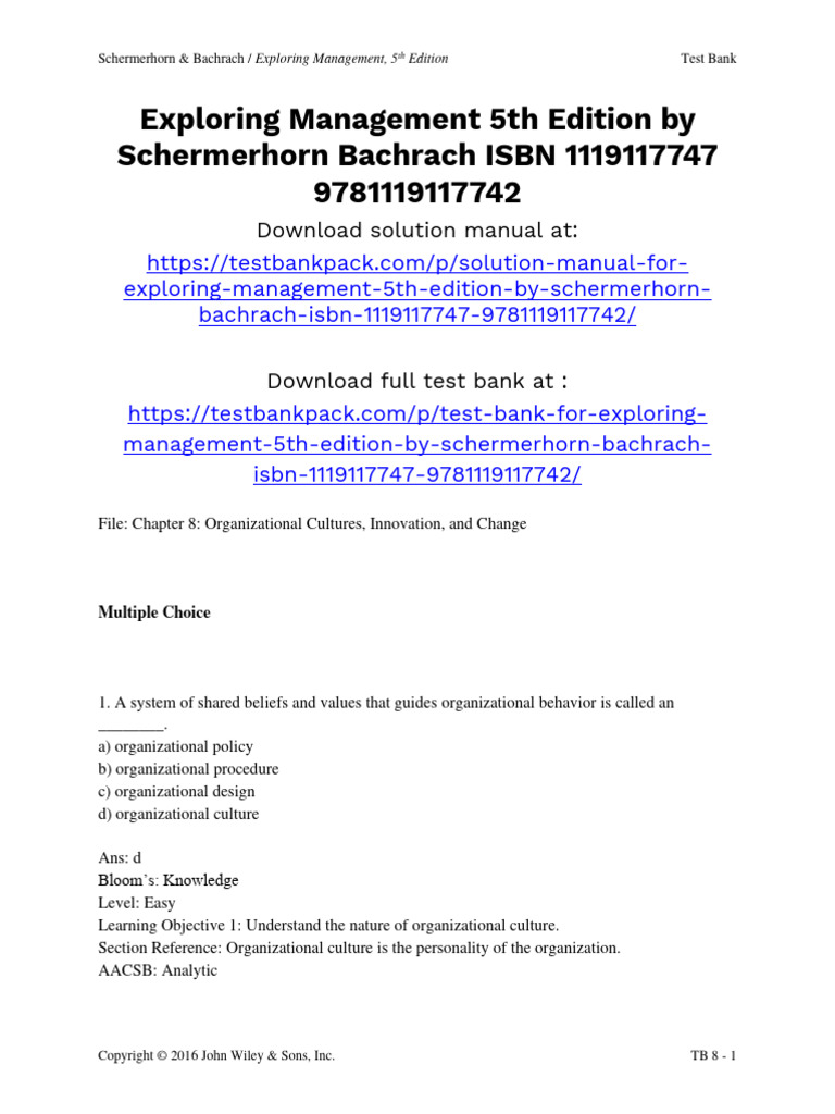 Exploring Management 5th Edition Schermerhorn Test Bank 1 | PDF ...