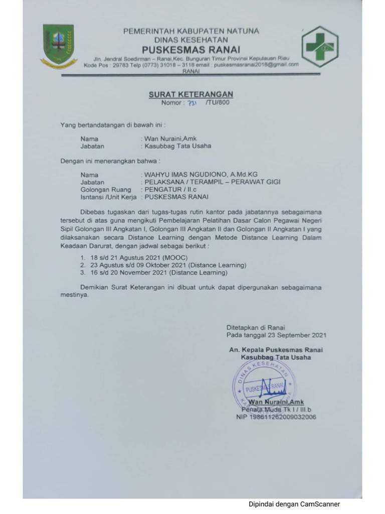 01 Surat Ket. Bebas Tugas Wahyu Baru | PDF