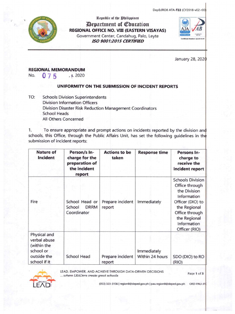 INCIDENT REPORT BY DEPED | PDF