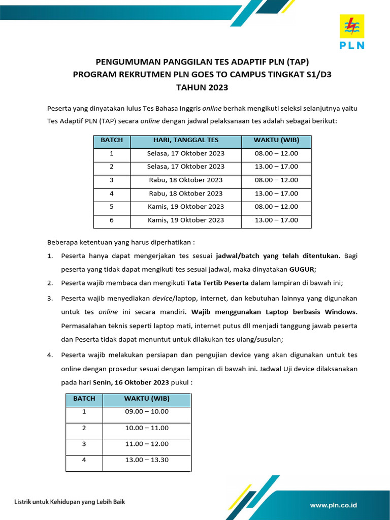 Pengumuman Panggilan Tes Adaptif PLN - Ds | PDF