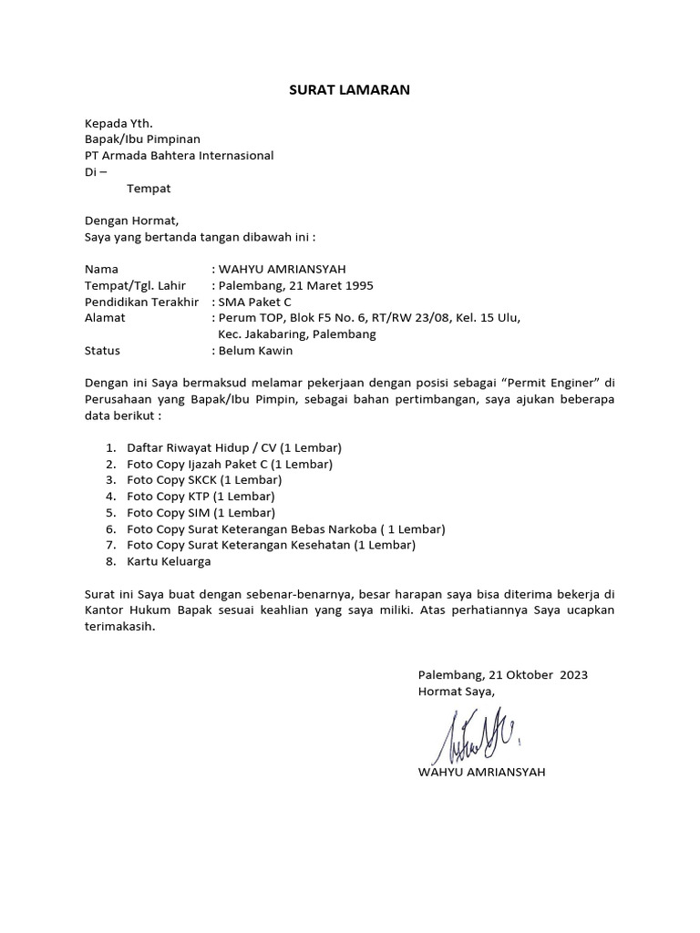 SURAT LAMARAN Wahyu Amrianysah (1) - 1 | PDF