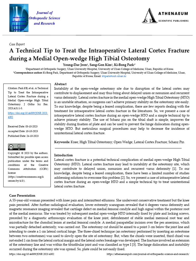 A Technical Tip To Treat The Intraoperative Lateral Cortex Fracture During A Medial Open Wedge ...