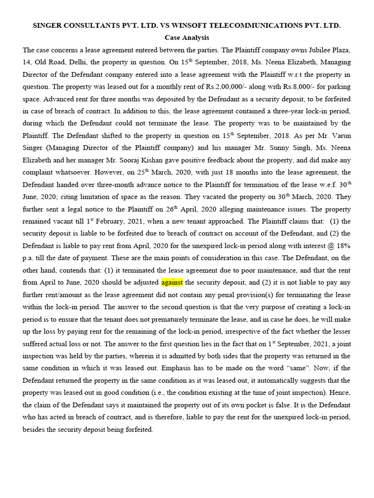 Case Analysis - SINGER CONSULTANTS PVT. LTD. VS WINSOFT TELECOMMUNICATIONS PVT. LTD. | PDF